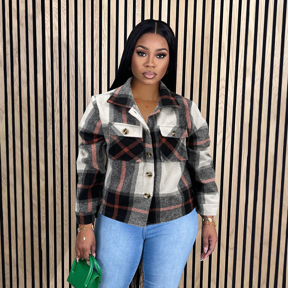 Fashion Large Size Short Plaid Shirt Mao Ni Jacket