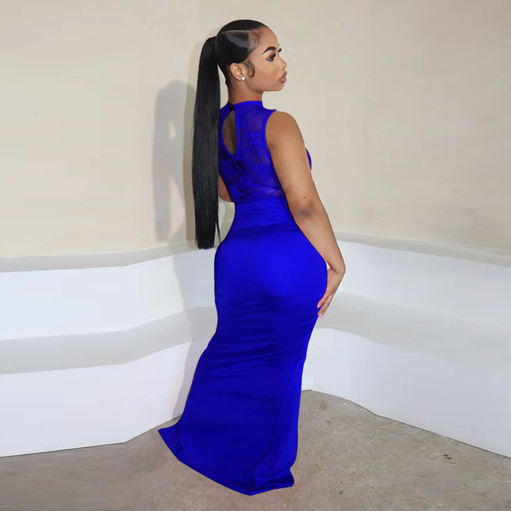 Sexy perspective lace patchwork fishtail dress