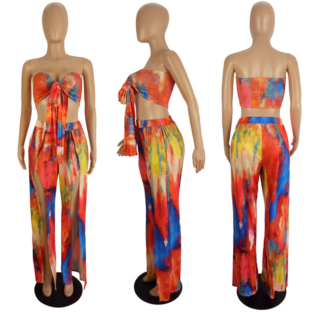 Sexy Chest Wrap Tie Up Trouser Hem Split Print Two Piece Set