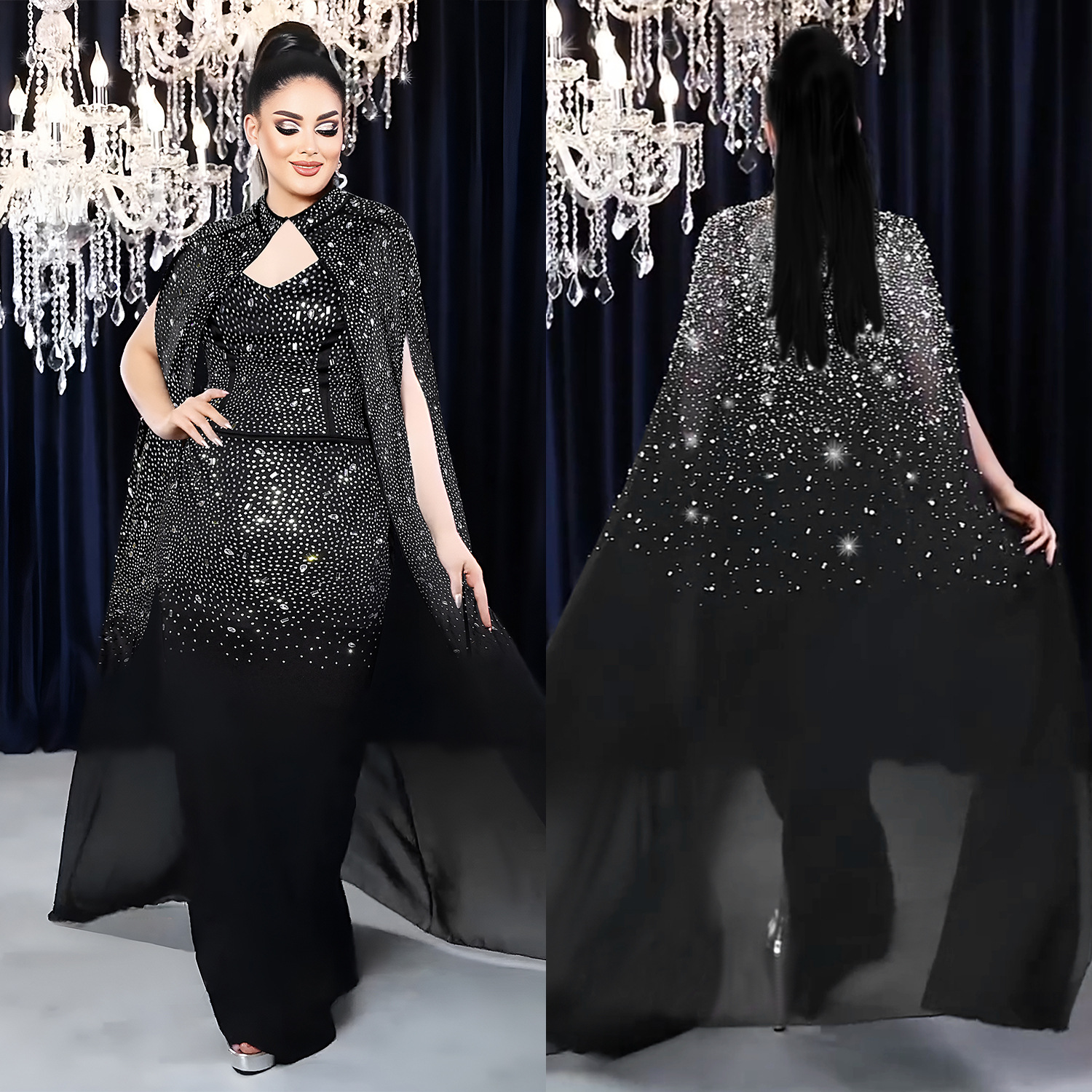 Fashionable women's sexy rhinestone wrapped transparent shawl dress