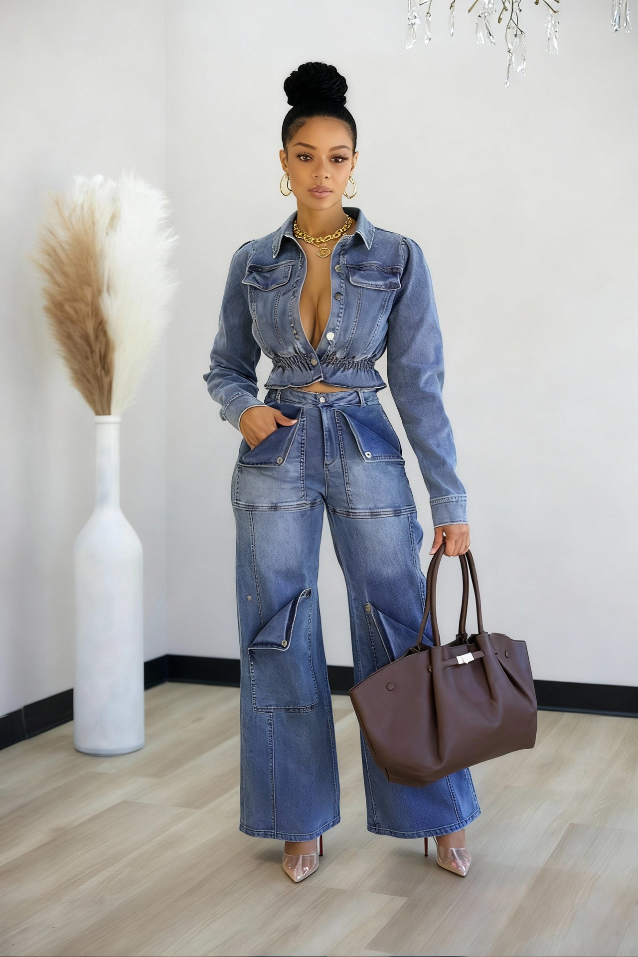 Women's fashion sexy micro elastic multi pocket washed denim casual set ...