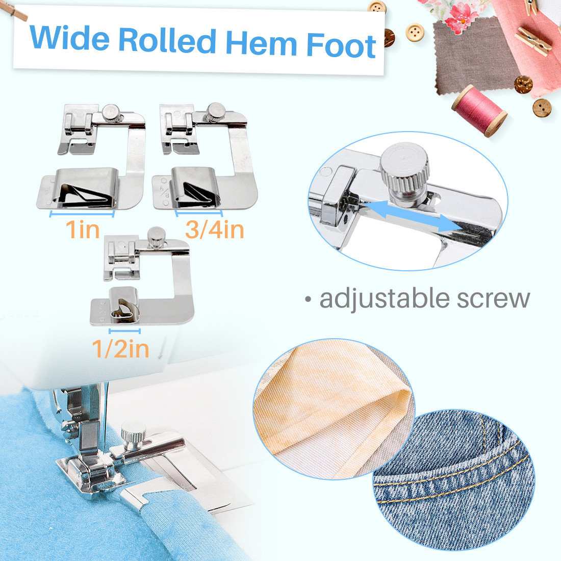 Kalevel Wide Rolled Hem Sewing Machine Presser Foot 3 Sizes with ...